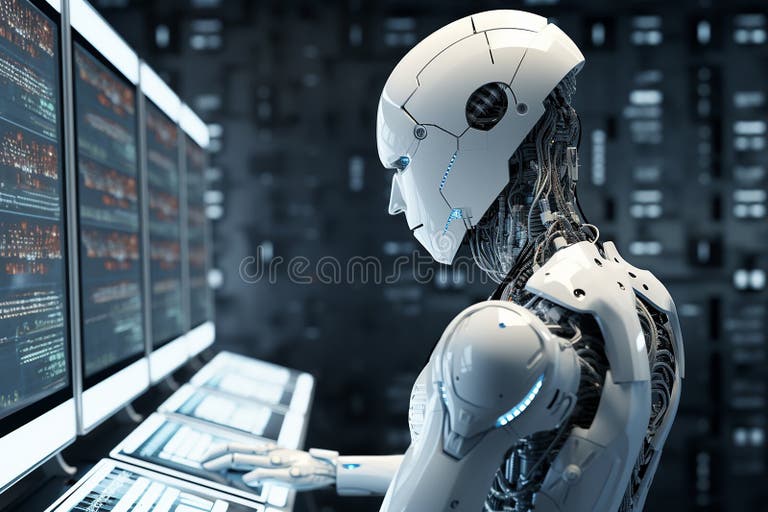 Cyborg Android Robot Working With Laptop Control Panel System Network Data Chat Gpt Artificial