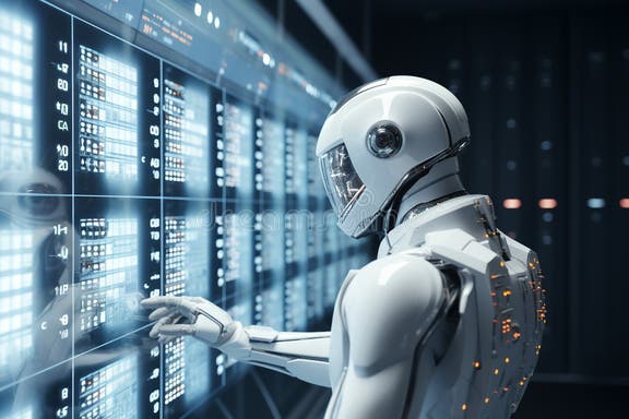 Cyborg Android Robot Working with Laptop Control Panel System Network Data. Chat GPT Artificial ...