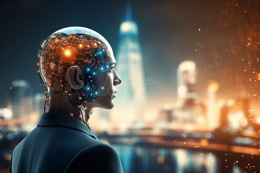 Cyborg Android Robot Working with Laptop Control Panel System Network Data. Chat GPT Artificial ...