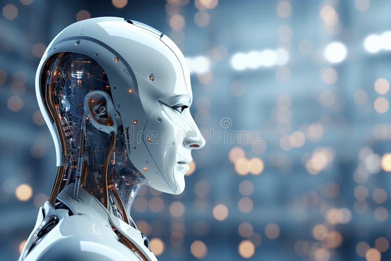 Cyborg Android Robot Working with Laptop Control Panel System Network Data. Chat GPT Artificial ...