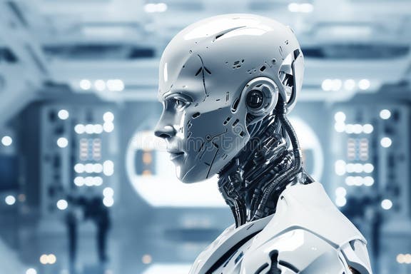 Cyborg Android Robot Working with Laptop Control Panel System Network Data. Chat GPT Artificial ...