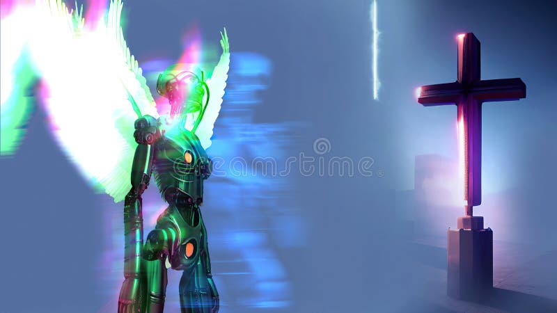 Cyborg Angel of Death Flapping with Wings Stock Illustration ...