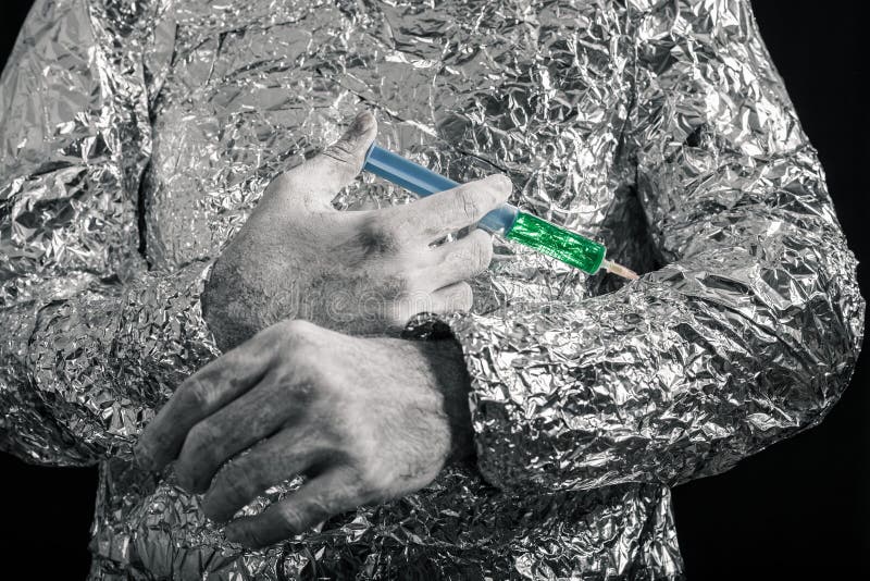 Cyborg applying syringe stock image. Image of alien, silver - 40985335
