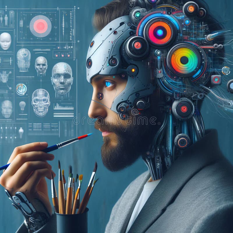 Cyborg Artist with Precision Brush Attachments, Color Analysis Stock ...