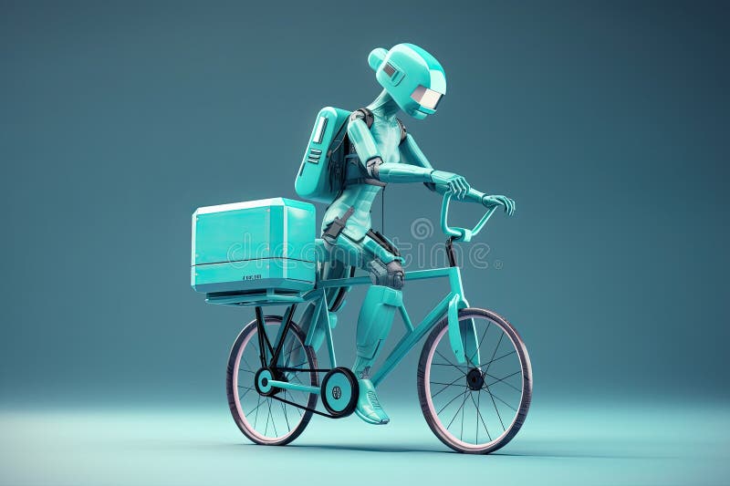 Cyborg with a Bicycle Carrying a Box. 3D Rendering Stock Illustration ...