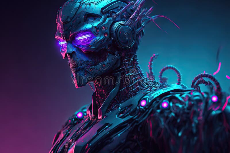 Cyborg in Blue Pink Dark 1980s Lighting Stock Illustration ...