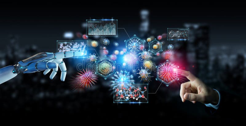 Cyborg Creating and Analyzing Nanovirus 3D Rendering Stock Illustration ...