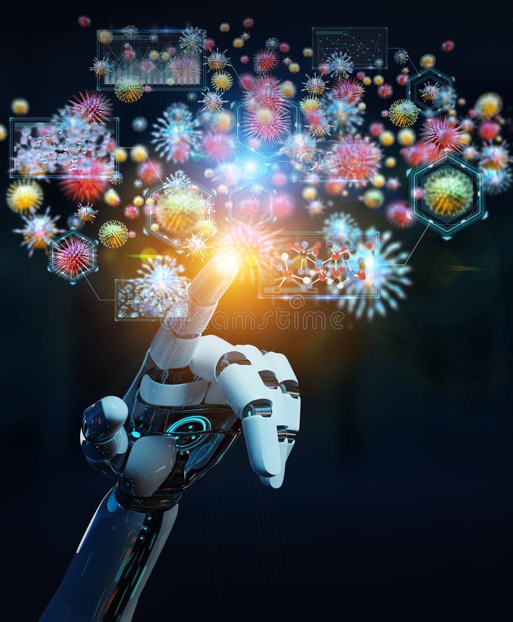 Cyborg Creating and Analyzing Nanovirus 3D Rendering Stock Illustration ...