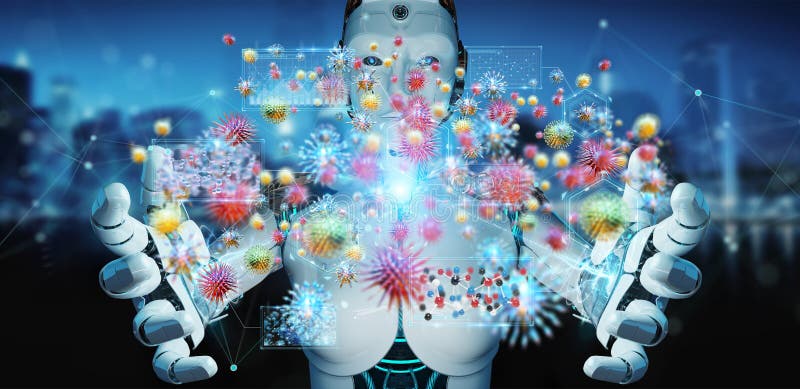 Cyborg Creating and Analyzing Nanovirus 3D Rendering Stock Illustration ...