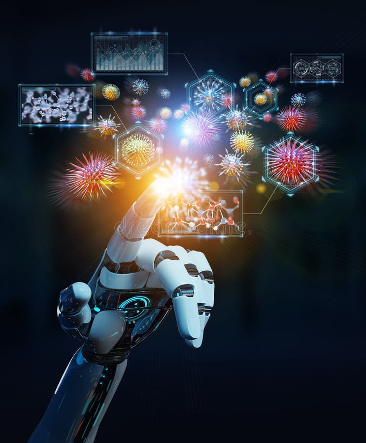 Cyborg Creating and Analyzing Nanovirus 3D Rendering Stock Illustration ...