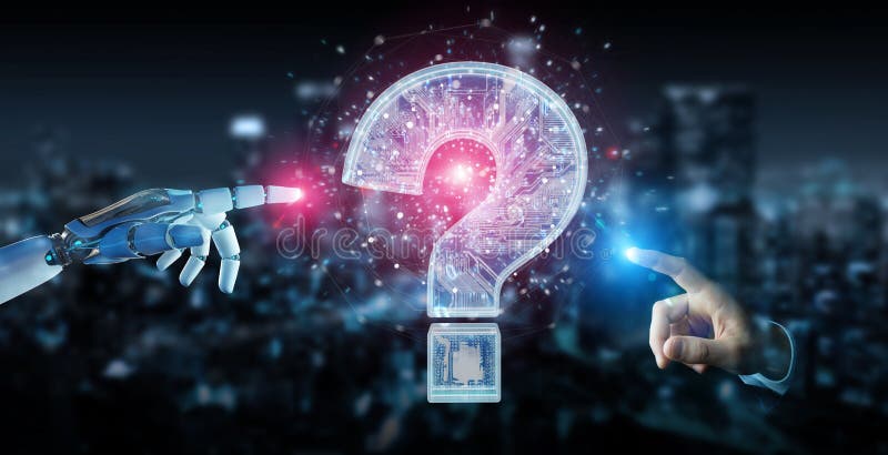 Cyborg Solving Problem with Digital Question Marks 3D Rendering Stock Illustration ...