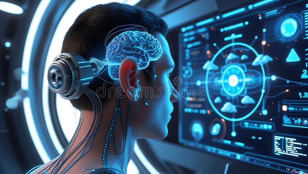 A Cyborg with Brain Interface Looking at a Computer Screen with ...
