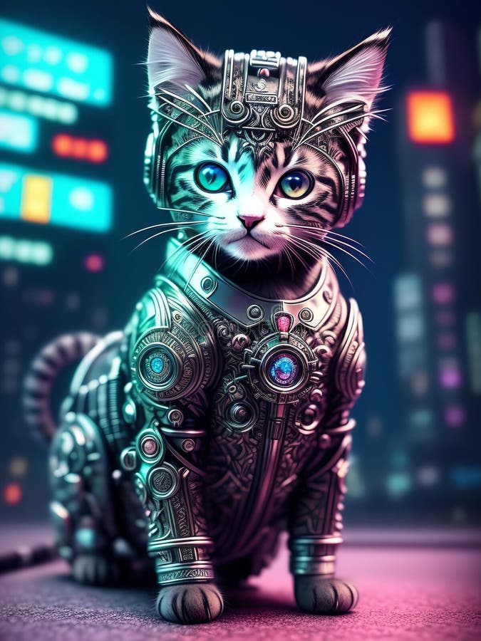 The Cyborg Cat is Sitting on the Ground Stock Illustration ...