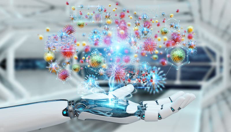 Cyborg Creating and Analyzing Nanovirus 3D Rendering Stock Illustration ...
