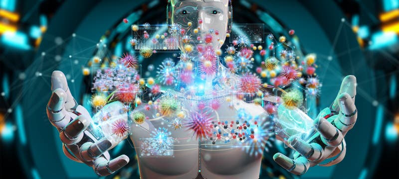 Cyborg Creating and Analyzing Nanovirus 3D Rendering Stock Illustration ...