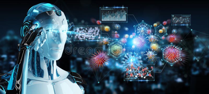 Cyborg Creating and Analyzing Nanovirus 3D Rendering Stock Illustration ...