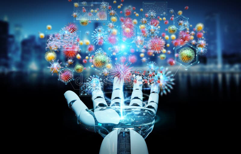 Cyborg Creating and Analyzing Nanovirus 3D Rendering Stock Illustration ...