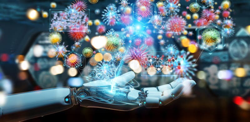 Cyborg Creating and Analyzing Nanovirus 3D Rendering Stock Illustration ...