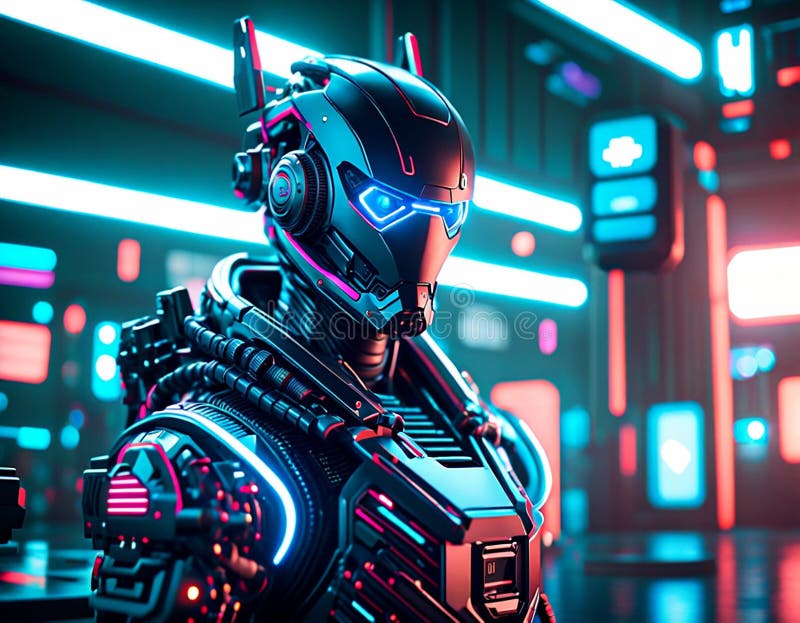 Cyborg in cyberpunk style stock illustration. Illustration of check ...