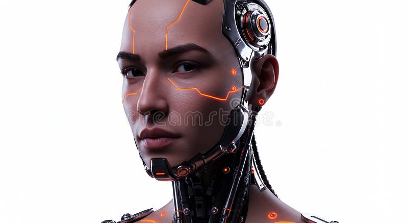 Cyborg Depiction Features a Human Face Integrated with Advanced Robotic ...