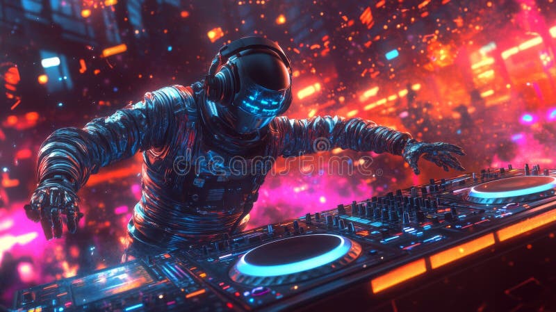 Cyborg DJ Performing at Futuristic Concert Stock Illustration ...