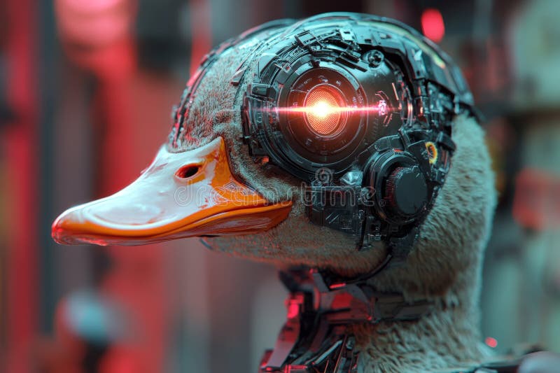 Cyborg Duck Equipped with High-tech Armor and Glowing Eye Stands in a ...