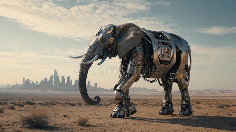 Cyborg Elephant with a Robotic Trunk and Mechanical Legs in the Desert ...
