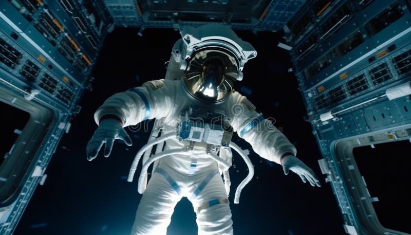 The Cyborg Engineer in a Dark Space Suit is Standing Confidently ...