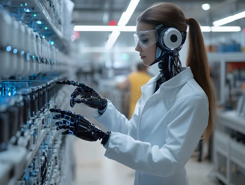 Cyborg Engineer with Robotic Arms and Protective Glasses is Working on ...