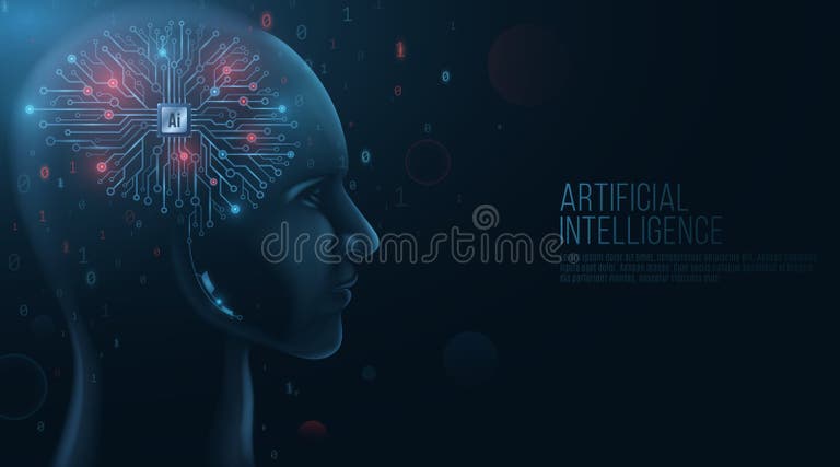 Cyborg Face Model. Futuristic Technological Brain. Computer Processor and Circuit Board. Binary ...