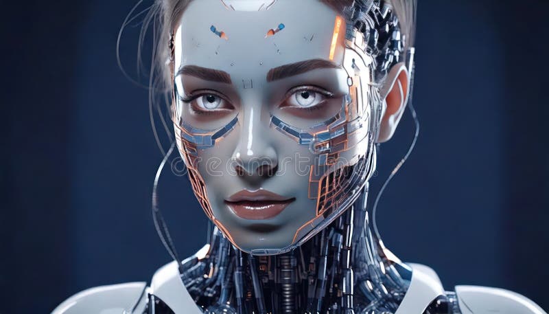 Cyborg Female Robot Front Face, Artificial Intelligence Concept. Stock ...