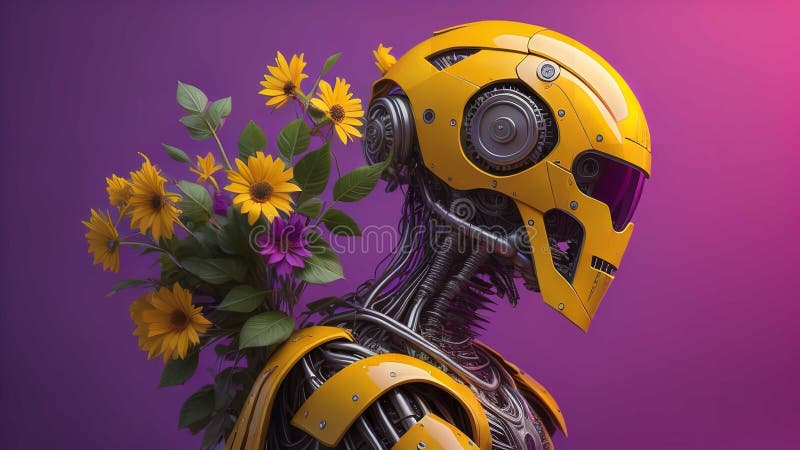 Cyborg with Flowers on Purple Background. Generative Ai Stock Image ...