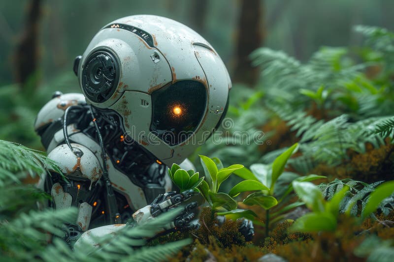 Cyborg in Forest with Green Plants Artificial Intelligence and Robotics ...