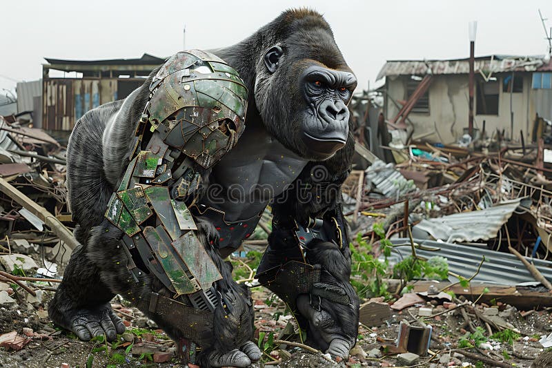 A Cyborg Gorilla Amidst Urban Devastation Stock Illustration ...