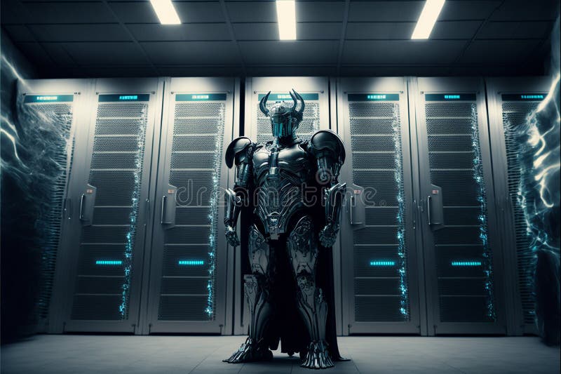 A Cyborg Guarding a Data Center Server Room Stock Illustration ...