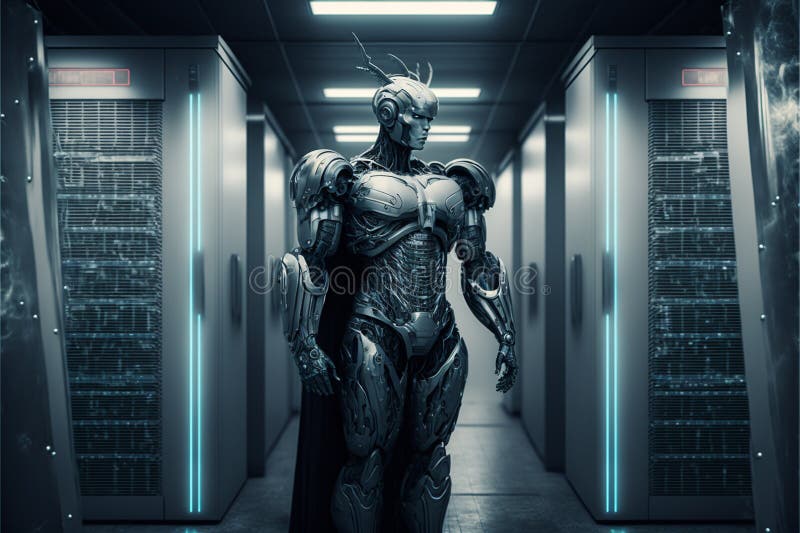A Cyborg Guarding a Data Center Server Room Stock Illustration ...