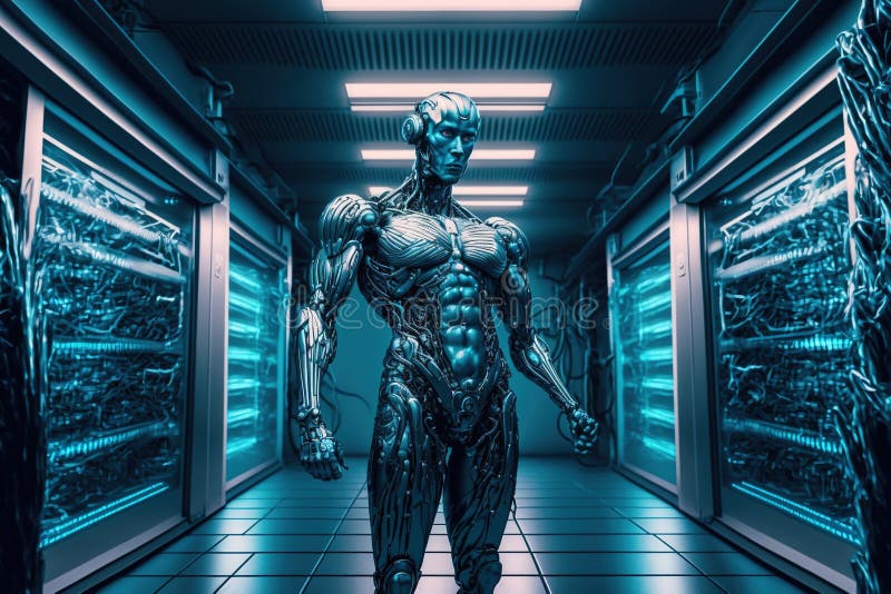 A Cyborg Guarding a Data Centre Server Room. Generative AI Stock Photo ...