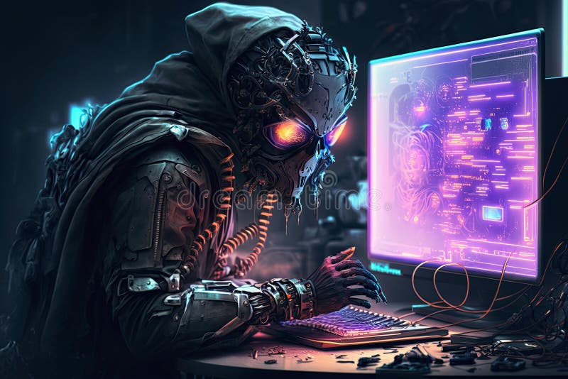 Hacker Robot Hacks Into A Computer Cyborg Of Future Is Working At Computer Concept Of Cyber