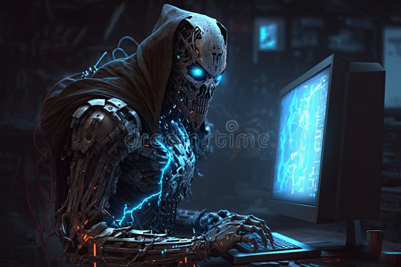 Cyborg Hacker Robot Hacks into a Computer. Cybersecurity of the Future. Generative AI Stock ...