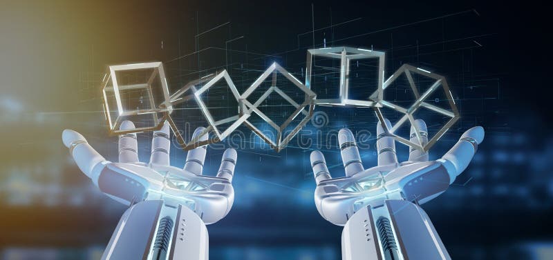 Cyborg Hand Holding a Blockchain Cube 3d Rendering Stock Illustration ...