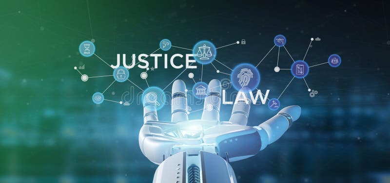 Cyborg Hand Holding Cloud of Justice and Law Icon Bubble with Data 3d ...