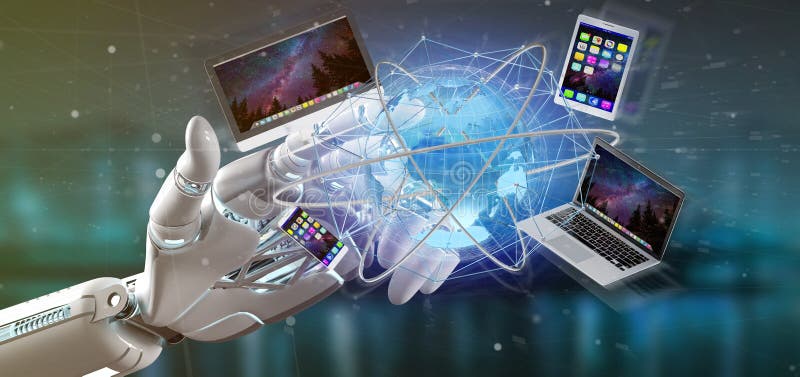 Cyborg Hand Holding a Computer and Devices Displayed on a Futuristic ...