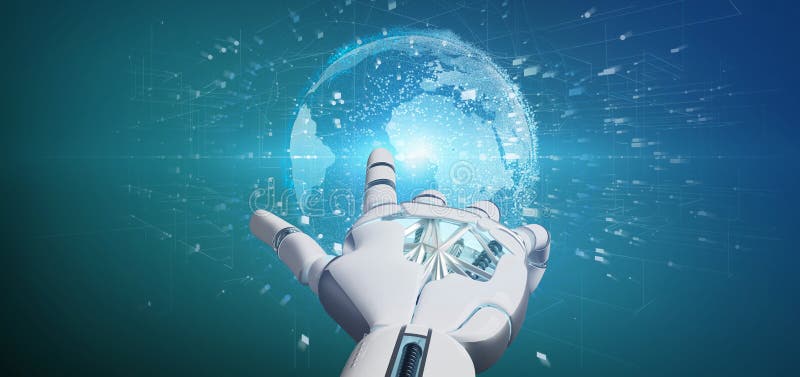Cyborg Hand Holding a Connection Around a World Globe 3d Rendering ...