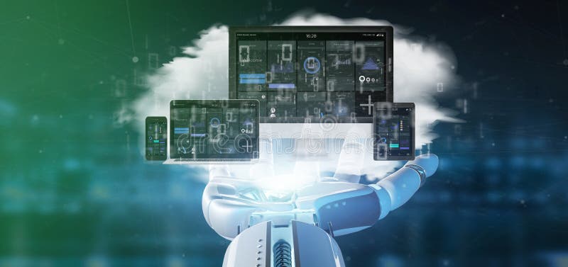 Cyborg Hand Holding Devices Connected To a Cloud Multimedia Network 3d ...