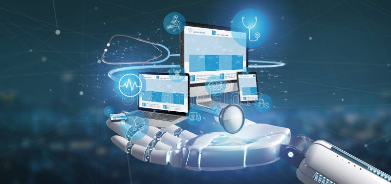 Cyborg Hand Holding Devices with Medical Icon and Stethoscope 3d ...