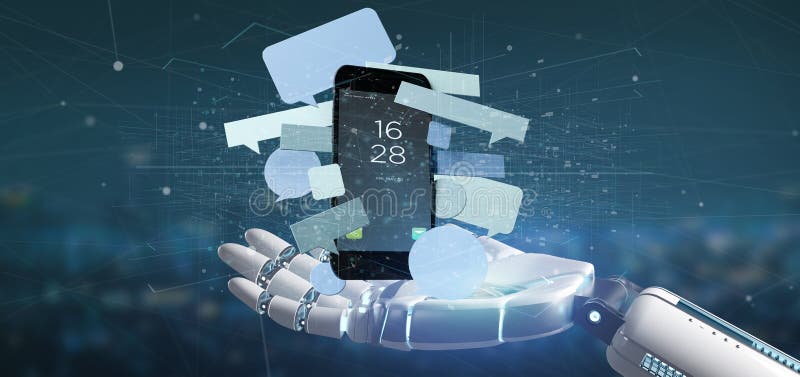 Cyborg Hand Holding a Messages Bubbles Surrounding a Smartphone 3d ...