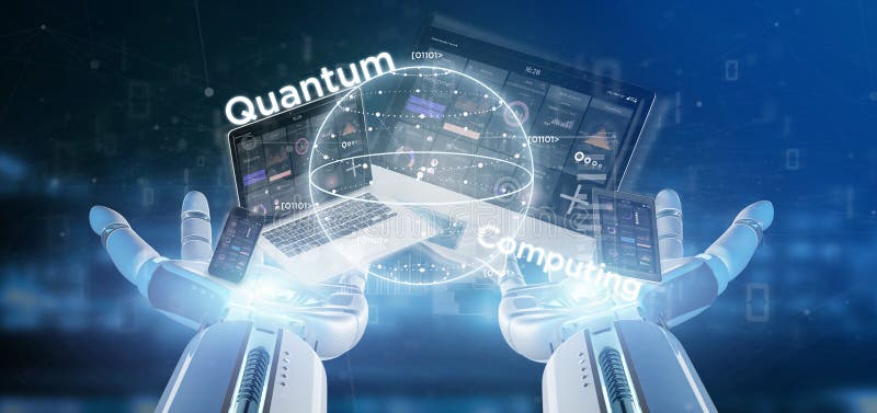 Cyborg Hand Holding Quantum Computing Concept with Qubit and Devices 3d ...