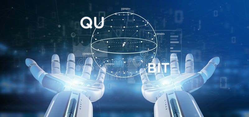 Cyborg Hand Holding Quantum Computing Concept with Qubit Icon 3d ...