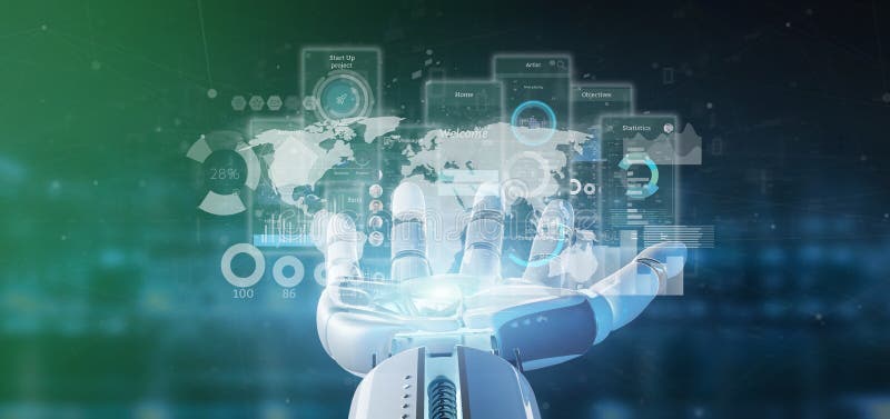 Cyborg Hand Holding User Interface Screens with Icon, Stats and Data 3d ...