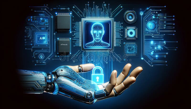 Cyborg Hands with Digital Padlock on Digital Microcircuits Background ...